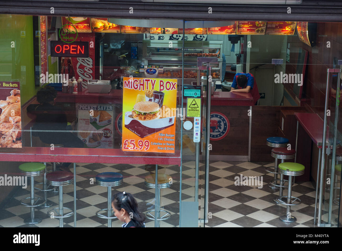 London, United Kingdom. Take away food shop. East London. Scene from ...