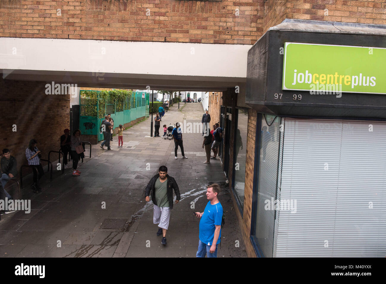 London, United Kingdom. Job Centre, Camden Town. Scene from the bus ...