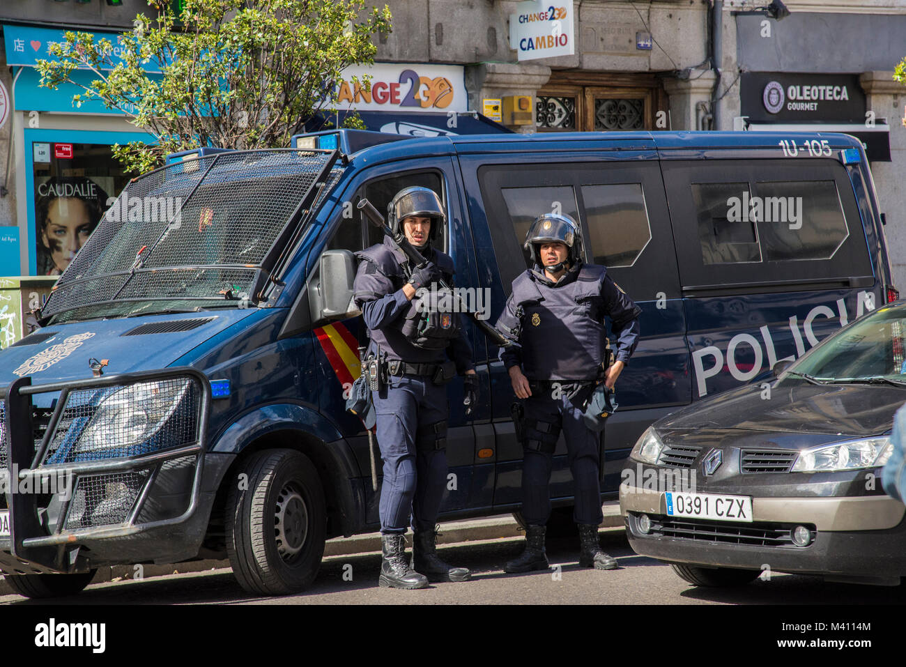 Riot police getting ready when football fans meet in central Madrid ...