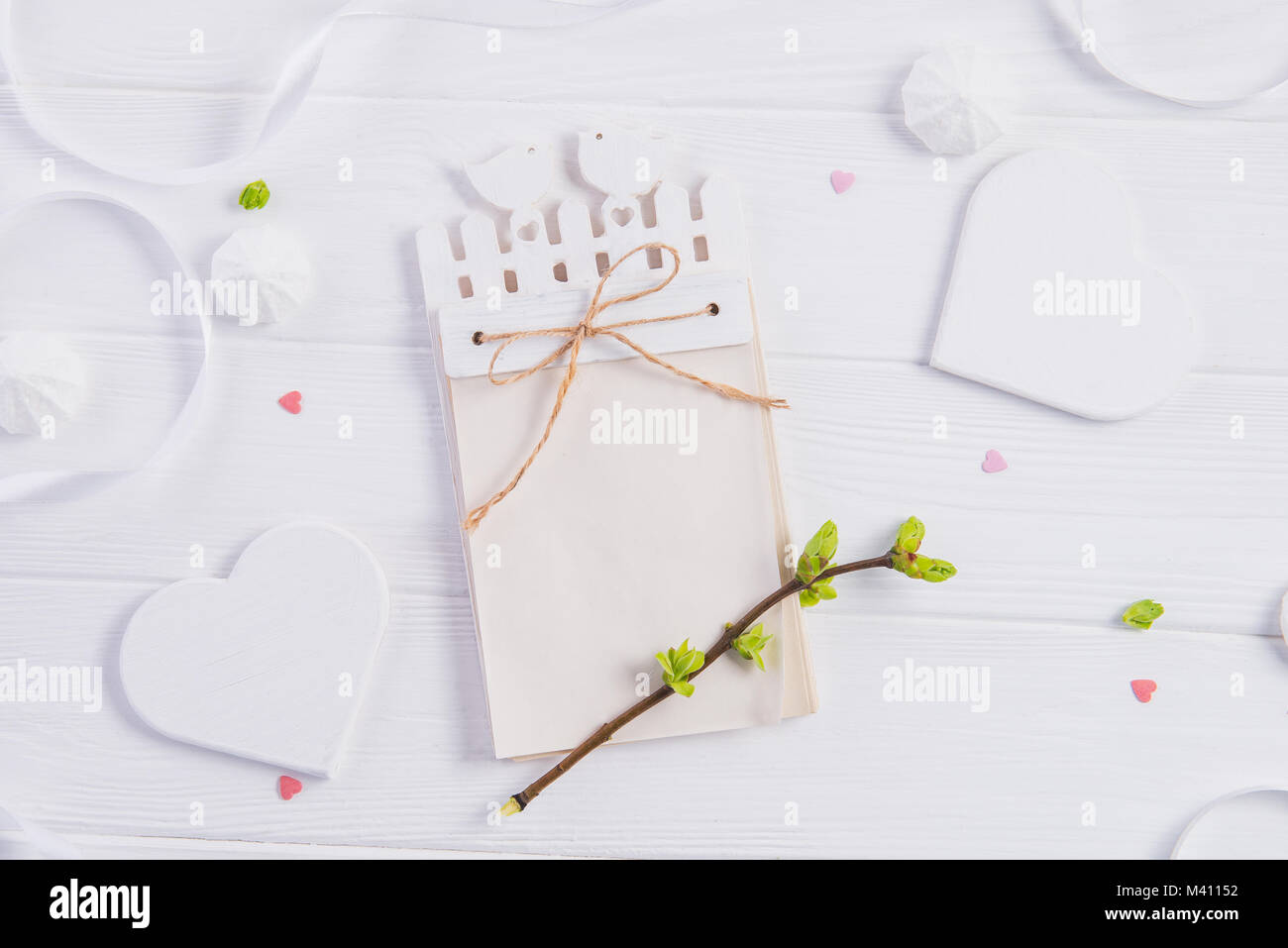 Top view composition of handcraft notebook with empty blank, branch ...