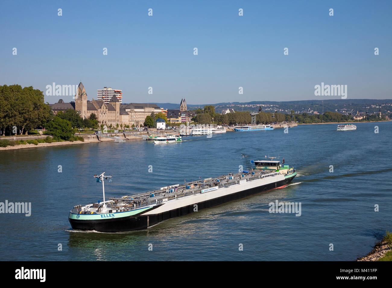 Barge on Rhine river at the former prussian goverment building, Coblenz ...