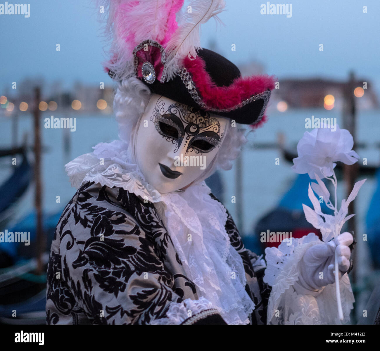 Male carnival goer in traditional costume and mask standing with back ...