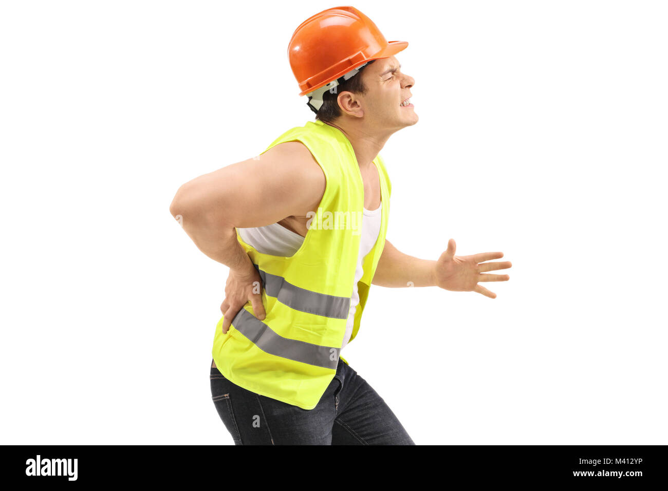 Construction worker experiencing back pain isolated on white background ...