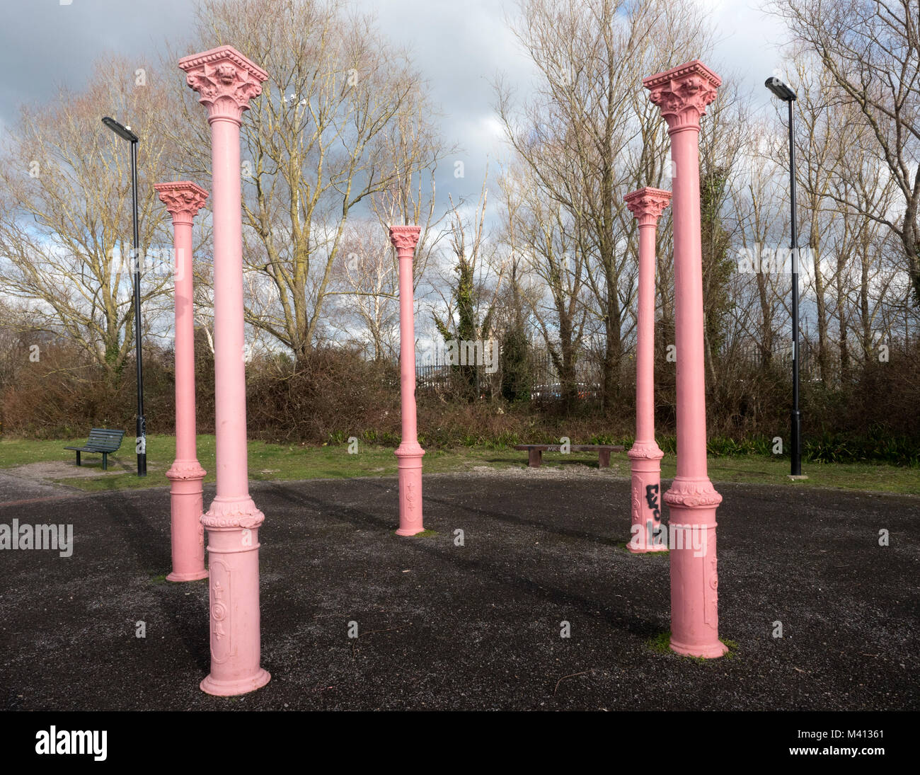Metal Columns painted pink at the Redbridge Wharf Park, gifted to the ...