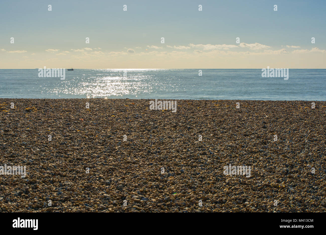 Shingle beach and sea at Ferring near Worthing, West Sussex, England ...