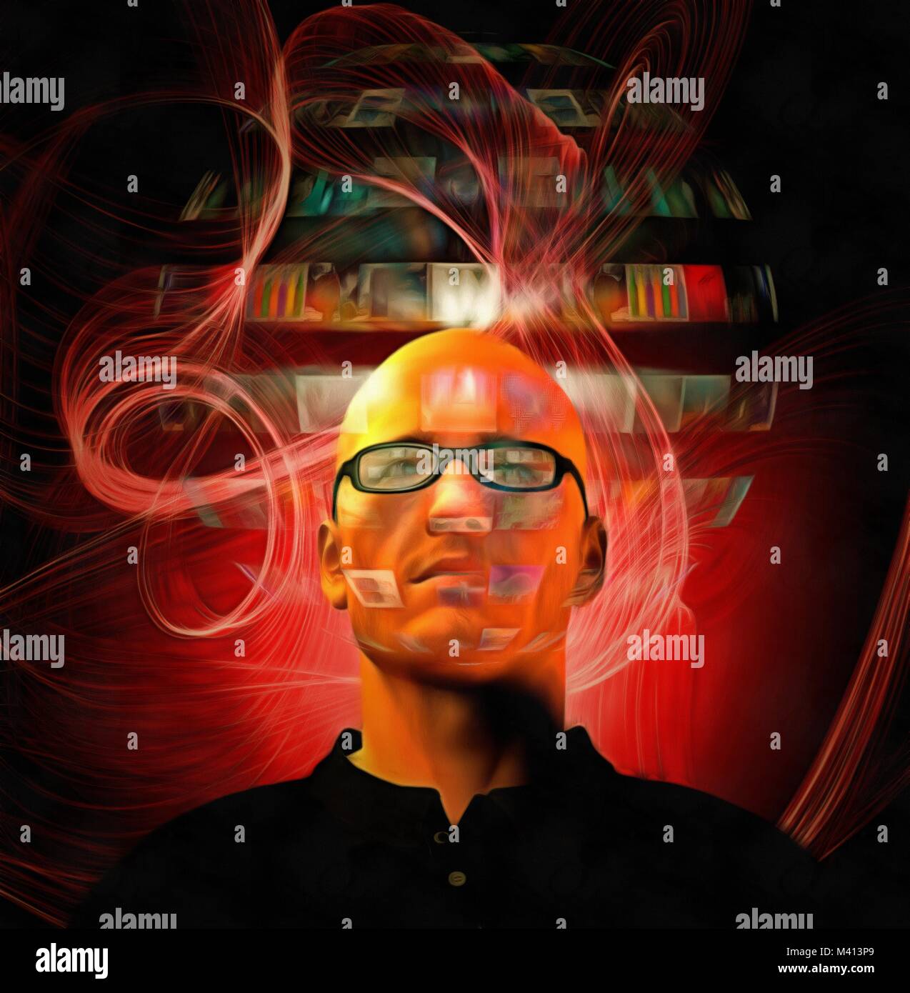 Futuristic digital painting. Bald man in glasses with hologram screens ...