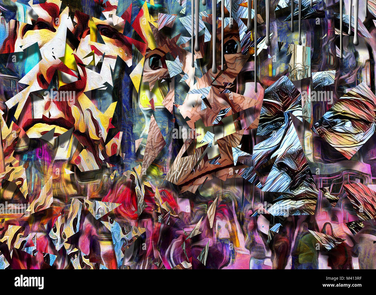 Complex abstract painting. Colorful mosaic elements and pieces of men's ...