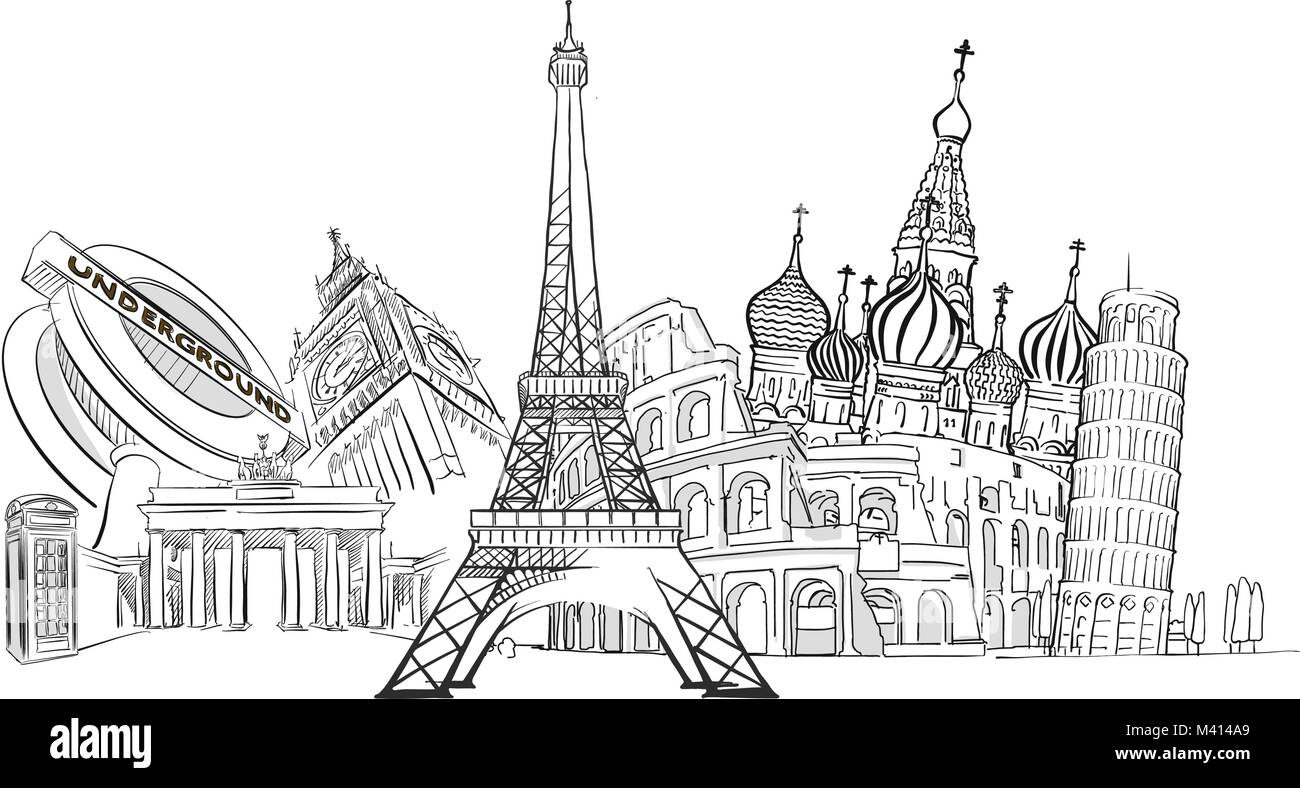 Travel to Europe Landmarks. Tourism sketch concept with Famous ...