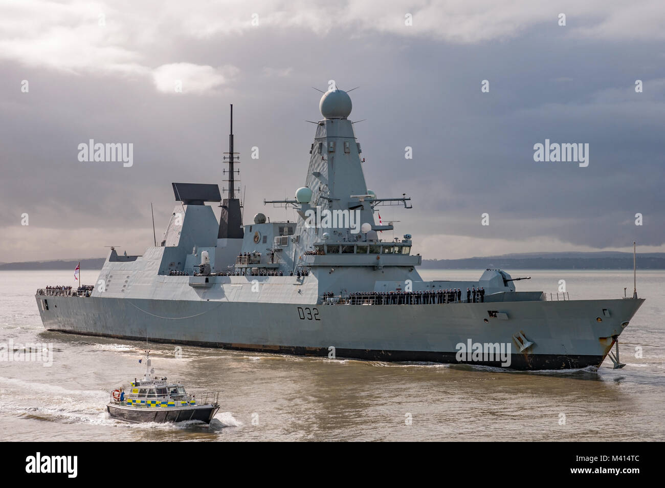 The Royal Navy warship HMS Daring (D32) a Type 45 destroyer returning ...