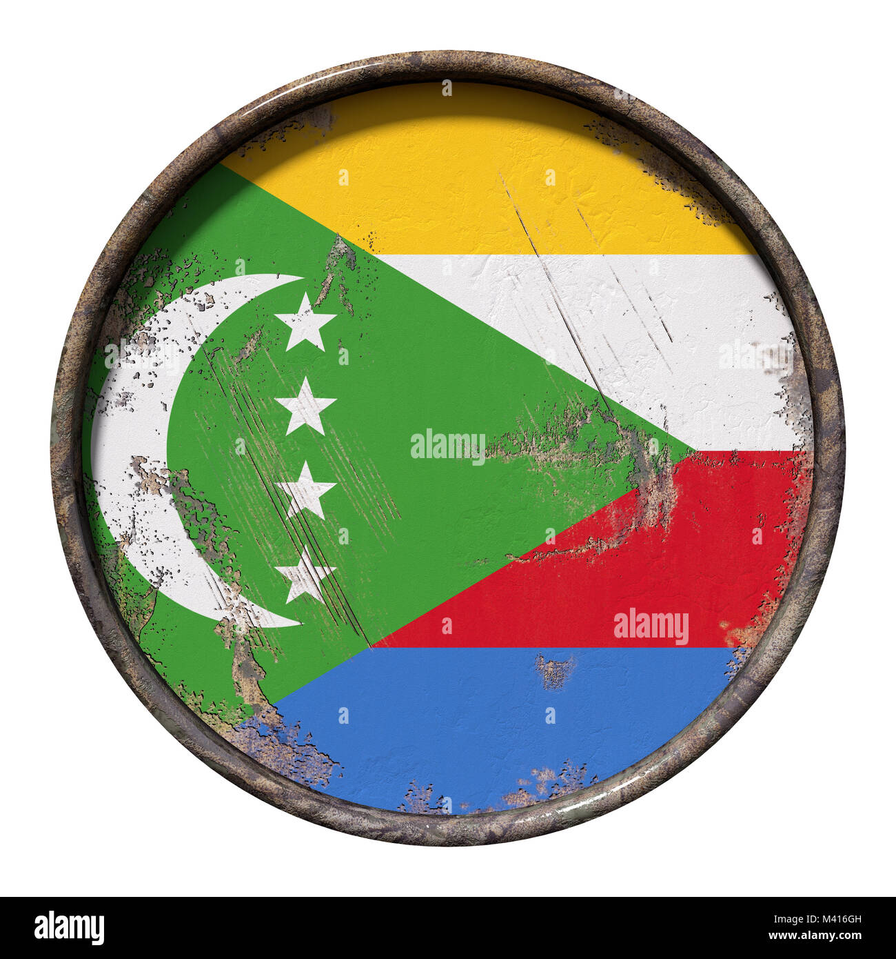 3d rendering of an Union of the Comoros flag over a rusty metallic ...