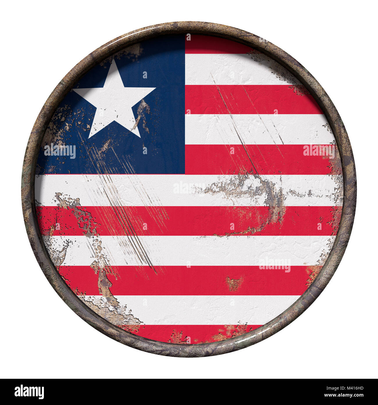 3d rendering of a Liberia flag over a rusty metallic plate. Isolated on ...