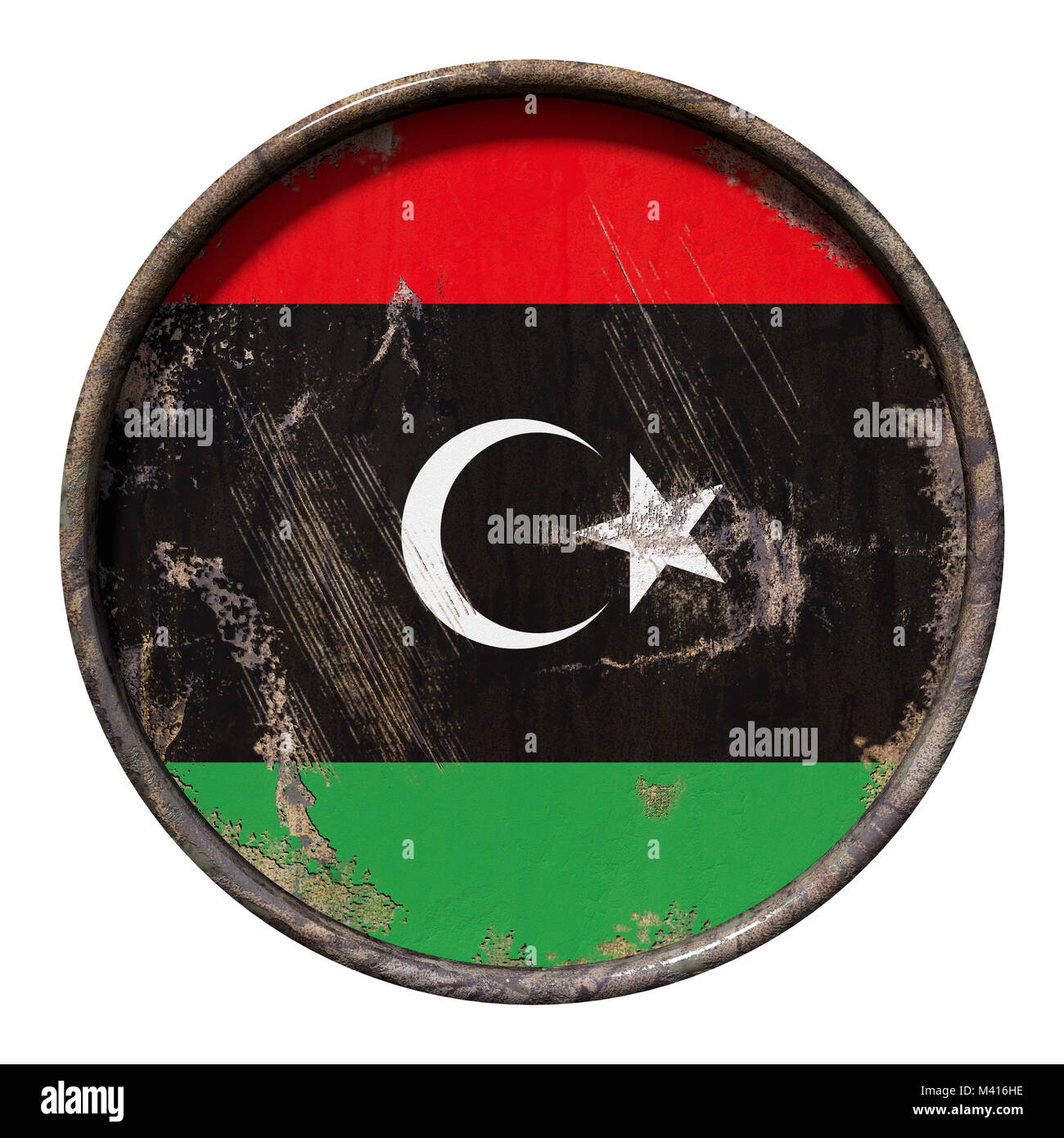 3d rendering of a Libya flag over a rusty metallic plate. Isolated on ...