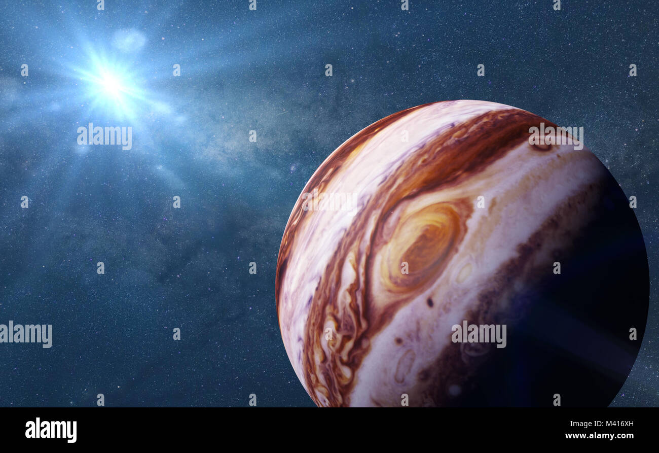 planet Jupiter the Sun and the stars of the galaxy (3d render, elements ...