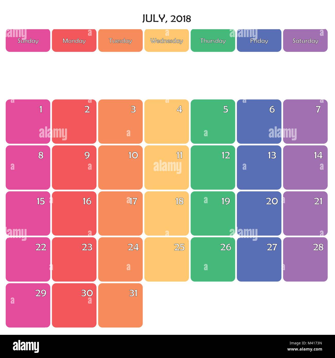 July 2018 Planner Calendar big editable note space specific color day ...