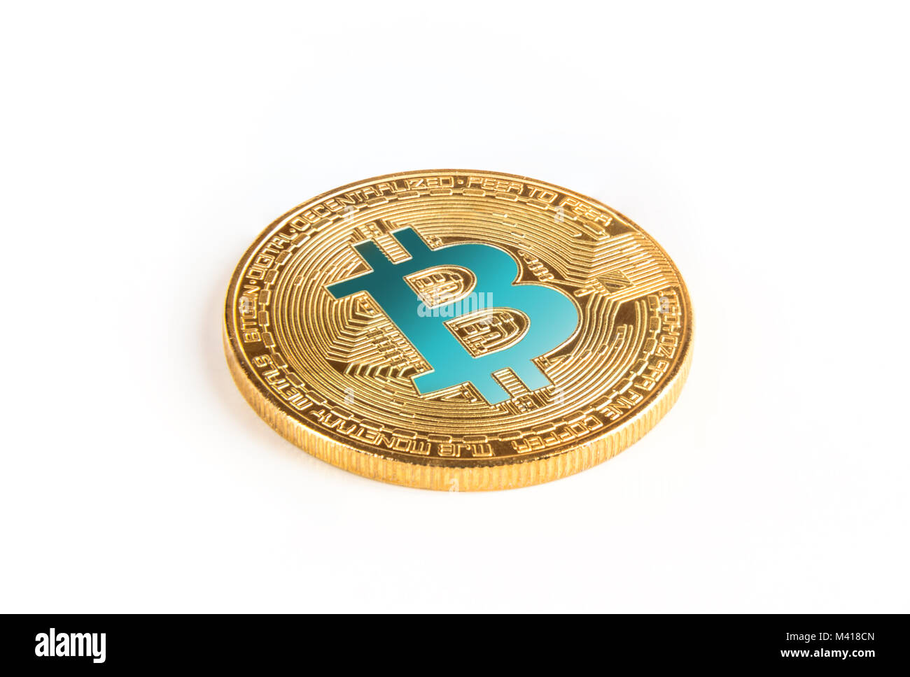 Golden bitcoin with blue currency symbol Stock Photo - Alamy
