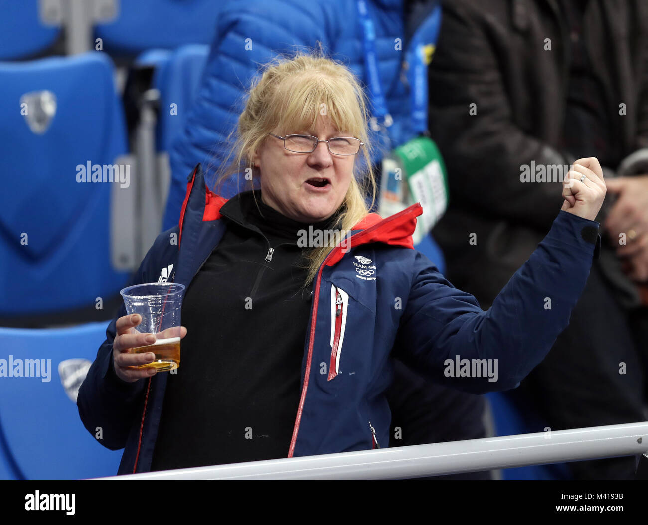 Angela Wright, mother of Elise Christie, in the stands at the Gangneung ...