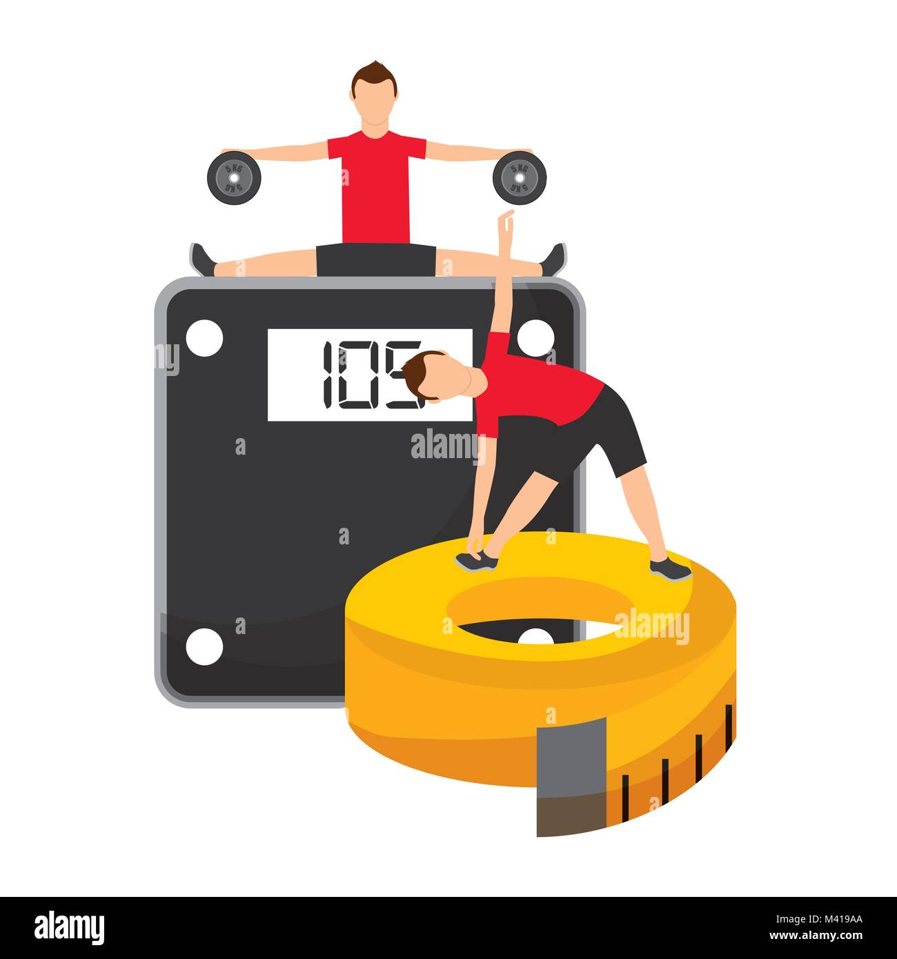 men making sport fitness exercises with weight scale and tape measuring ...