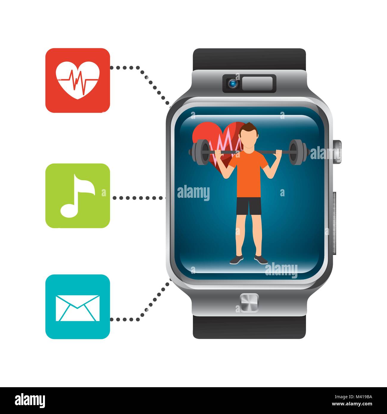smart watch man lifting weight heart beat music message app Stock ...
