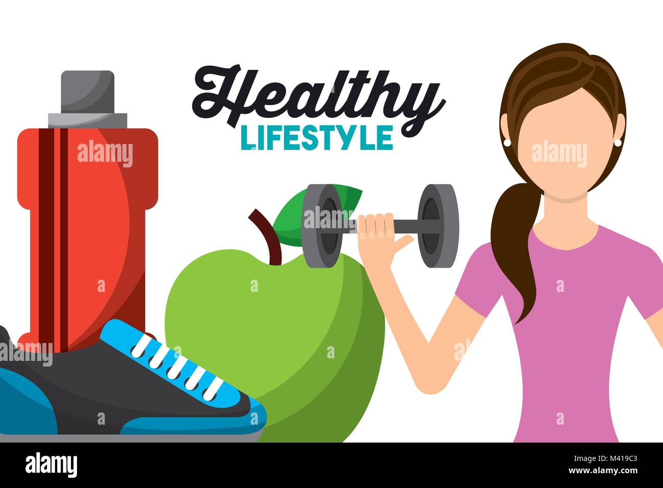 woman athletic lifting barbell apple sneaker and bottle water healthy ...