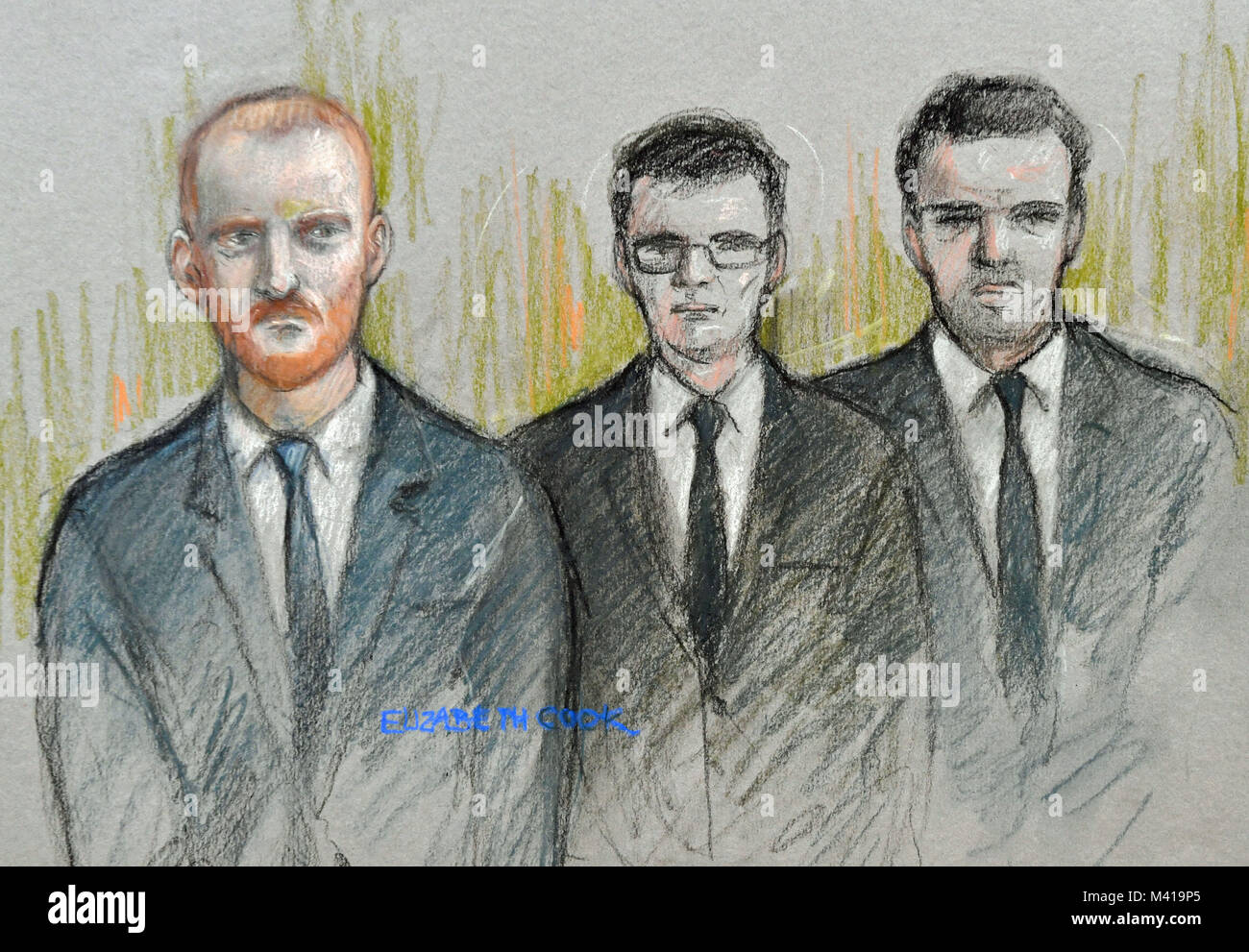 Court artist sketch by Elizabeth Cook of (left to right) England and ...