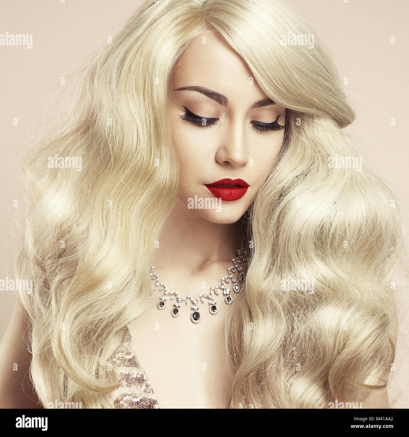 Fashion studio photo of beautiful blonde with magnificent hair. Perfect ...