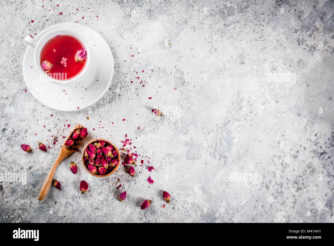 Arab, middle eastern food. Herbal tea with rose buds, copy space top ...