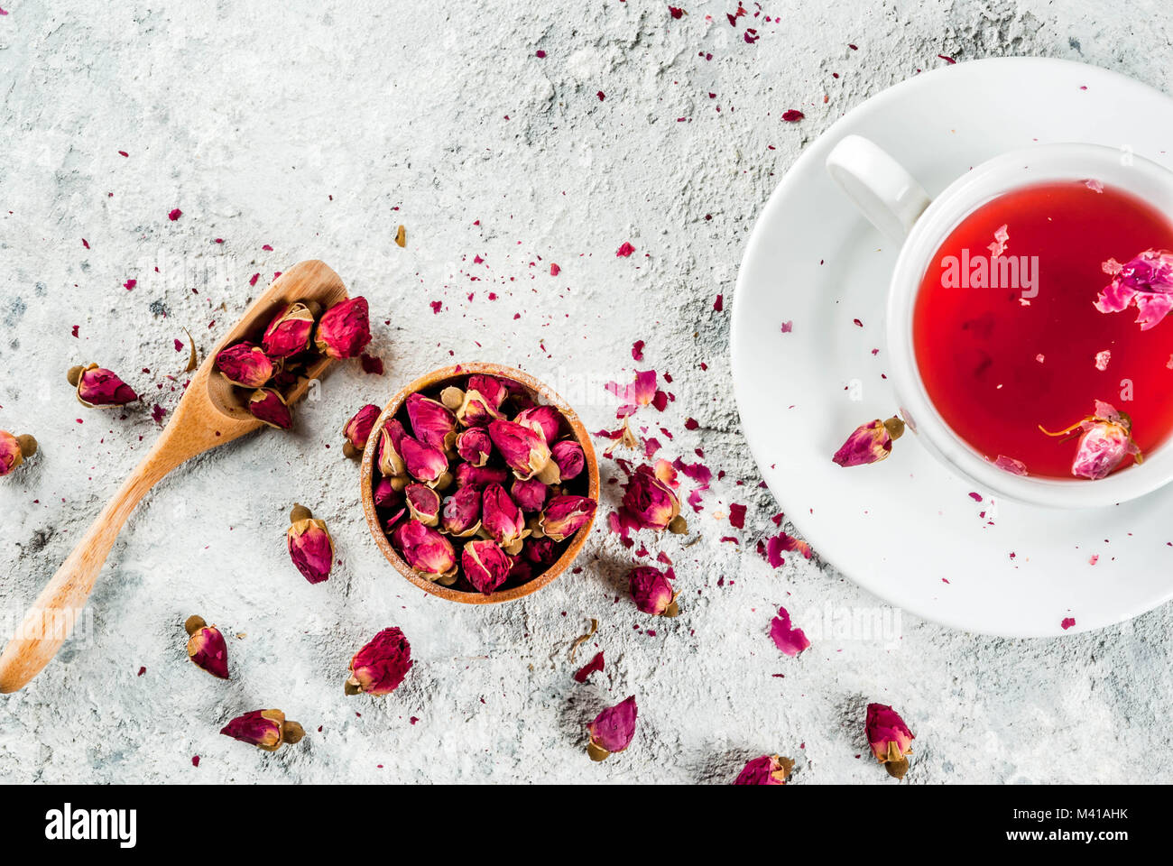 Arab, middle eastern food. Herbal tea with rose buds, copy space top ...