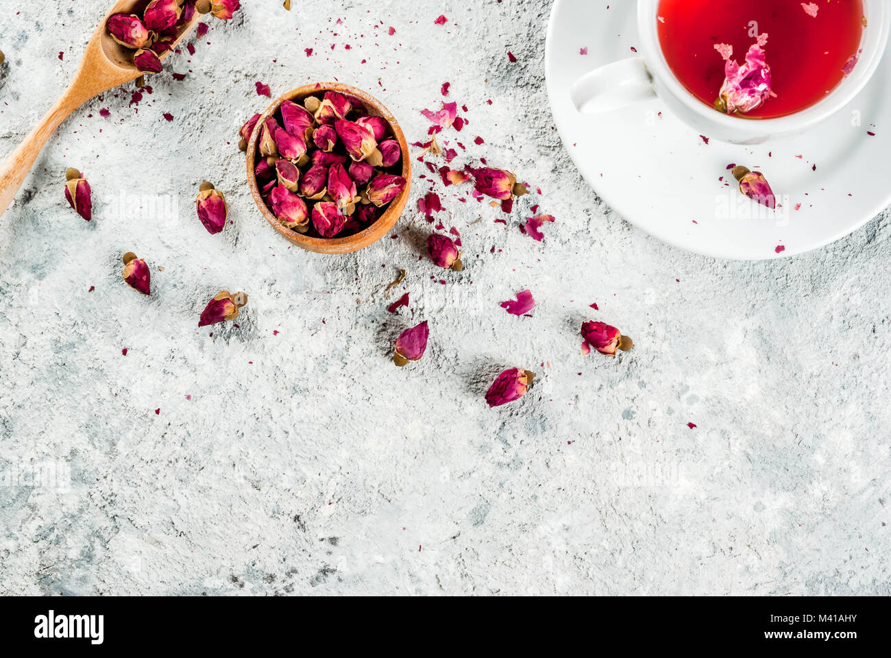 Arab, middle eastern food. Herbal tea with rose buds, copy space top ...