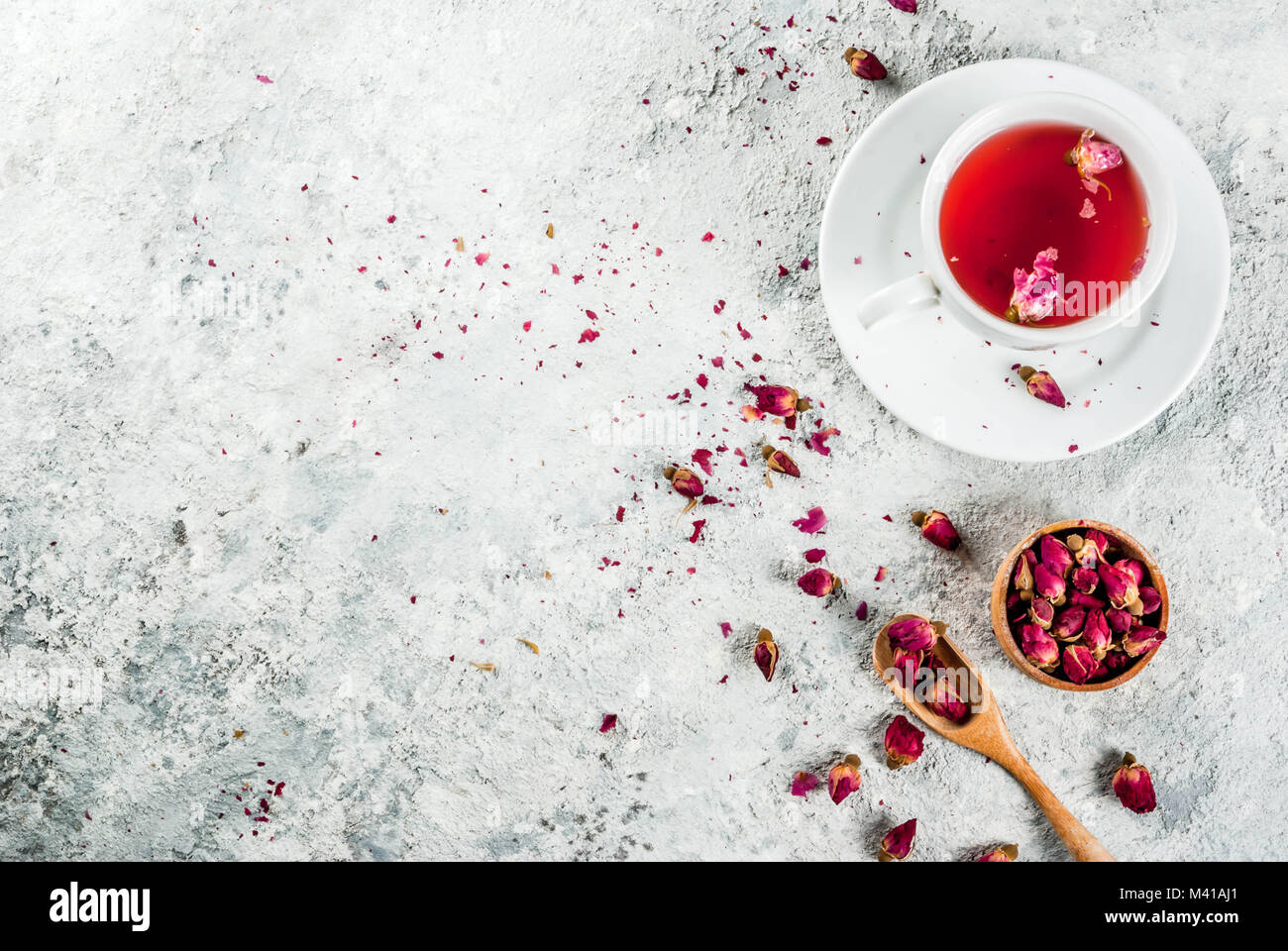 Arab, middle eastern food. Herbal tea with rose buds, copy space top ...