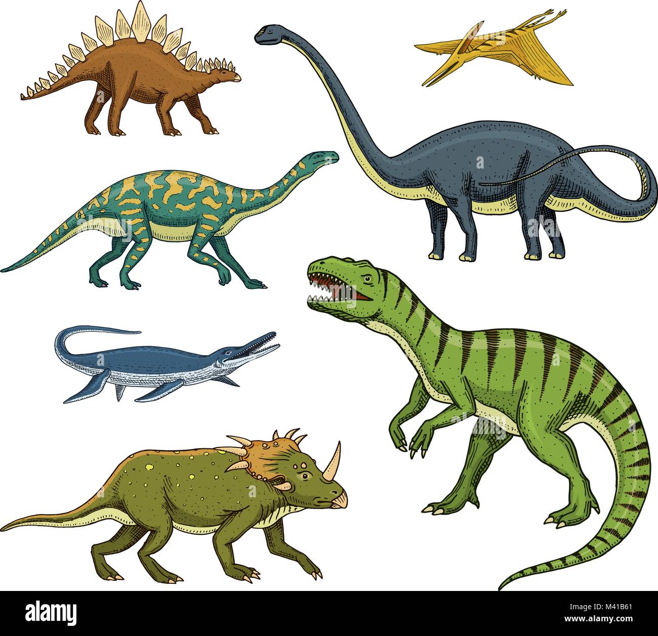 Dinosaurs set, Tyrannosaurus rex, Triceratops, Barosaurus, Diplodocus ...