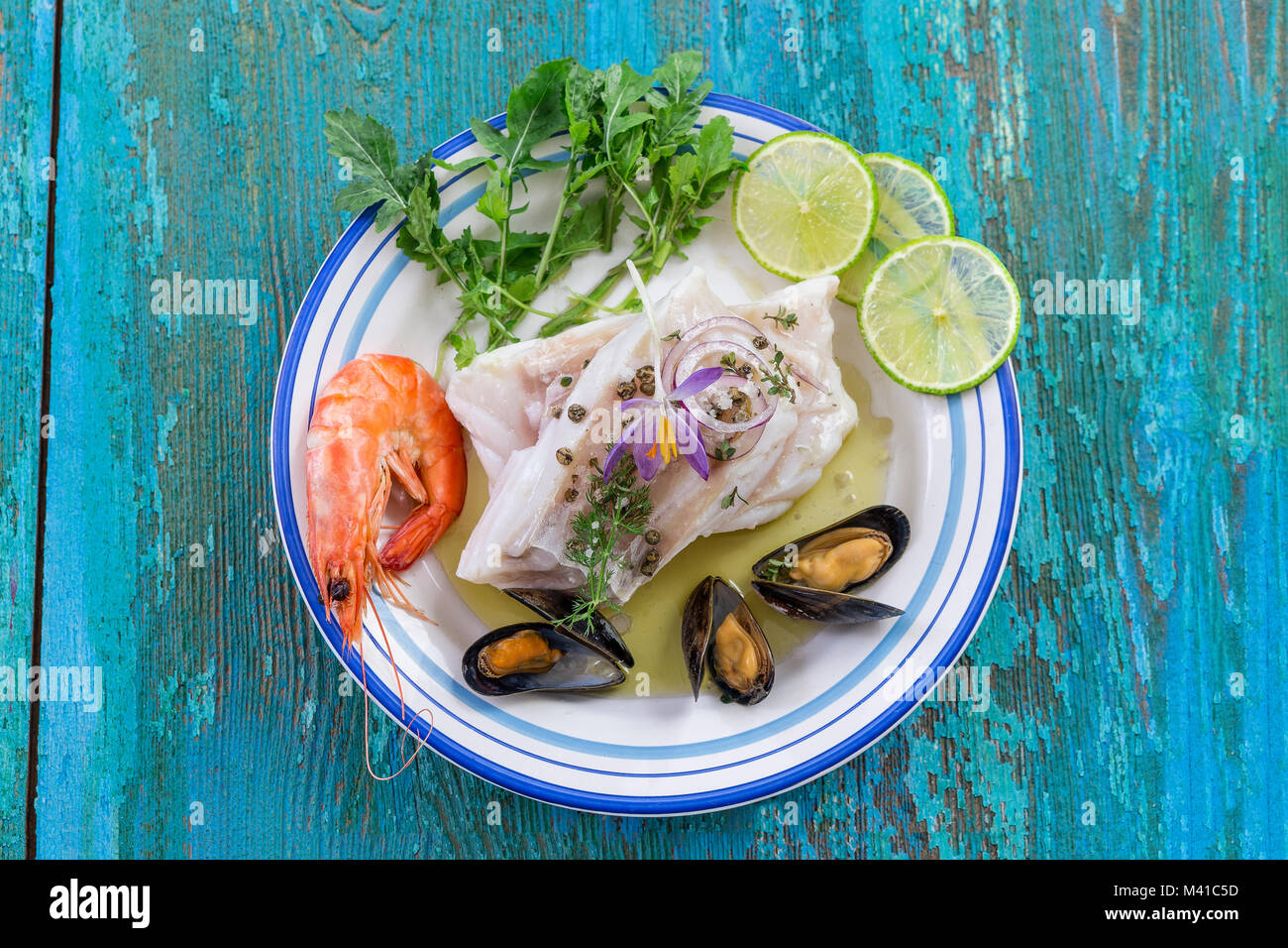 Cod fish fillet, Atlantic cod with seafood mussells,shrimps,lime and ...