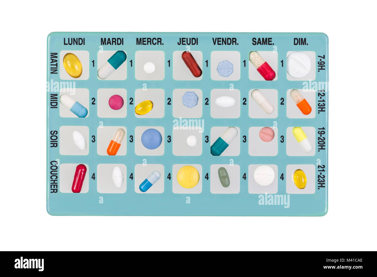 Blue pill box for storage of drugs, with inscriptions in french, of ...