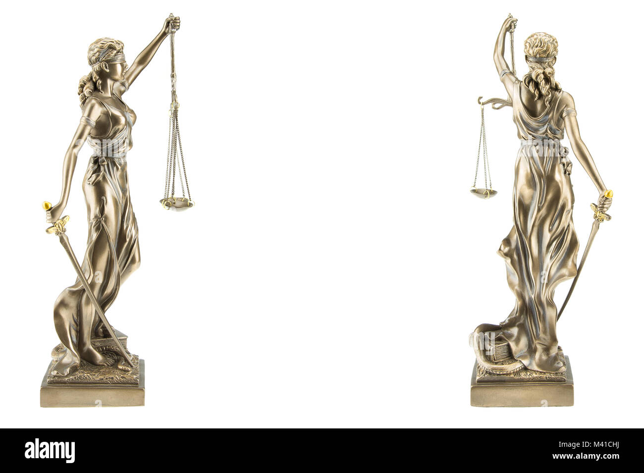 Justice statues in different positions isolated in front of white ...