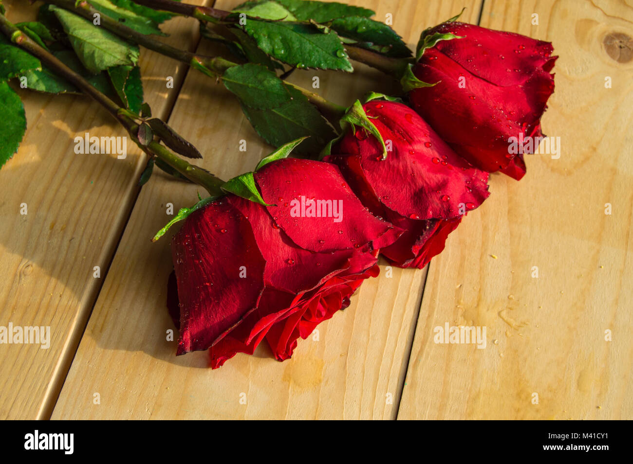 Red roses on wooden Board Valentines Day background, wedding day Stock ...