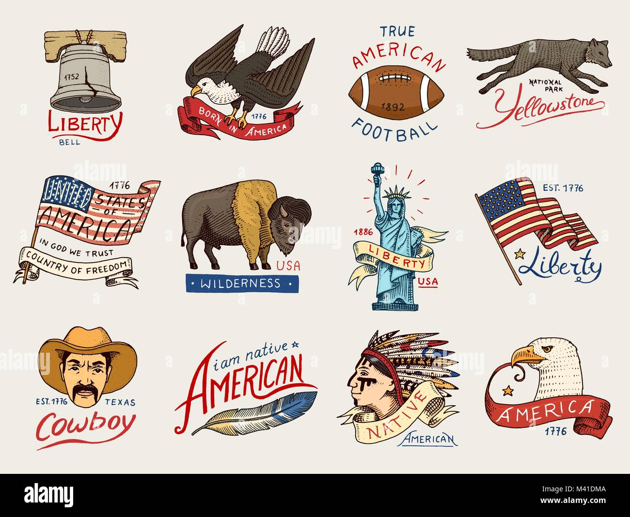 native american set. old, labels or badges for camping, hiking, hunting ...