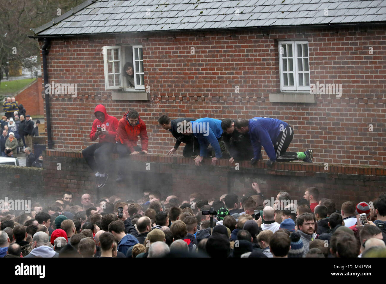 Players during the annual Royal Shrovetide football match in Ashbourne ...