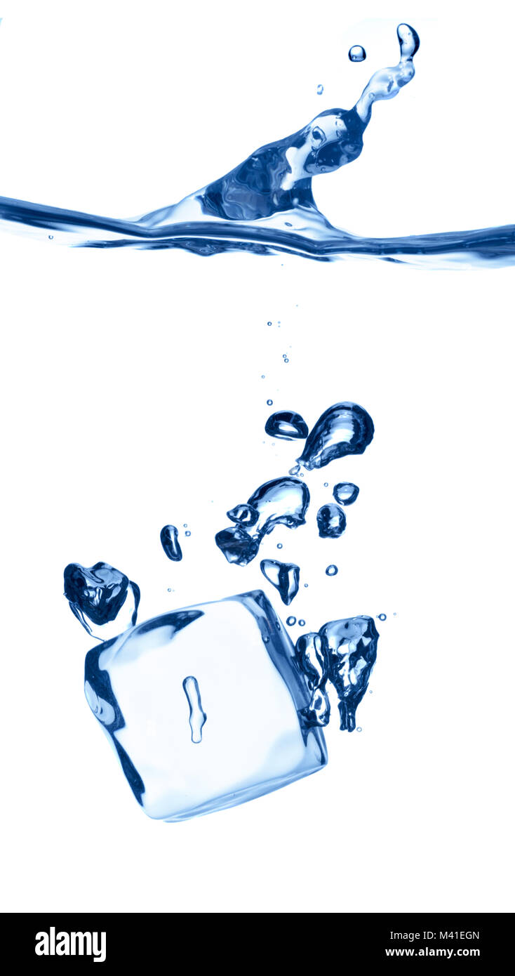close up of ice cube splash in water on white background Stock Photo ...