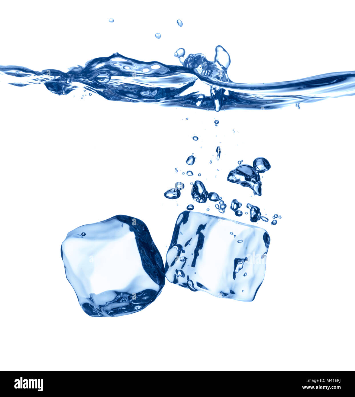 close up of ice cube splash in water on white background Stock Photo ...