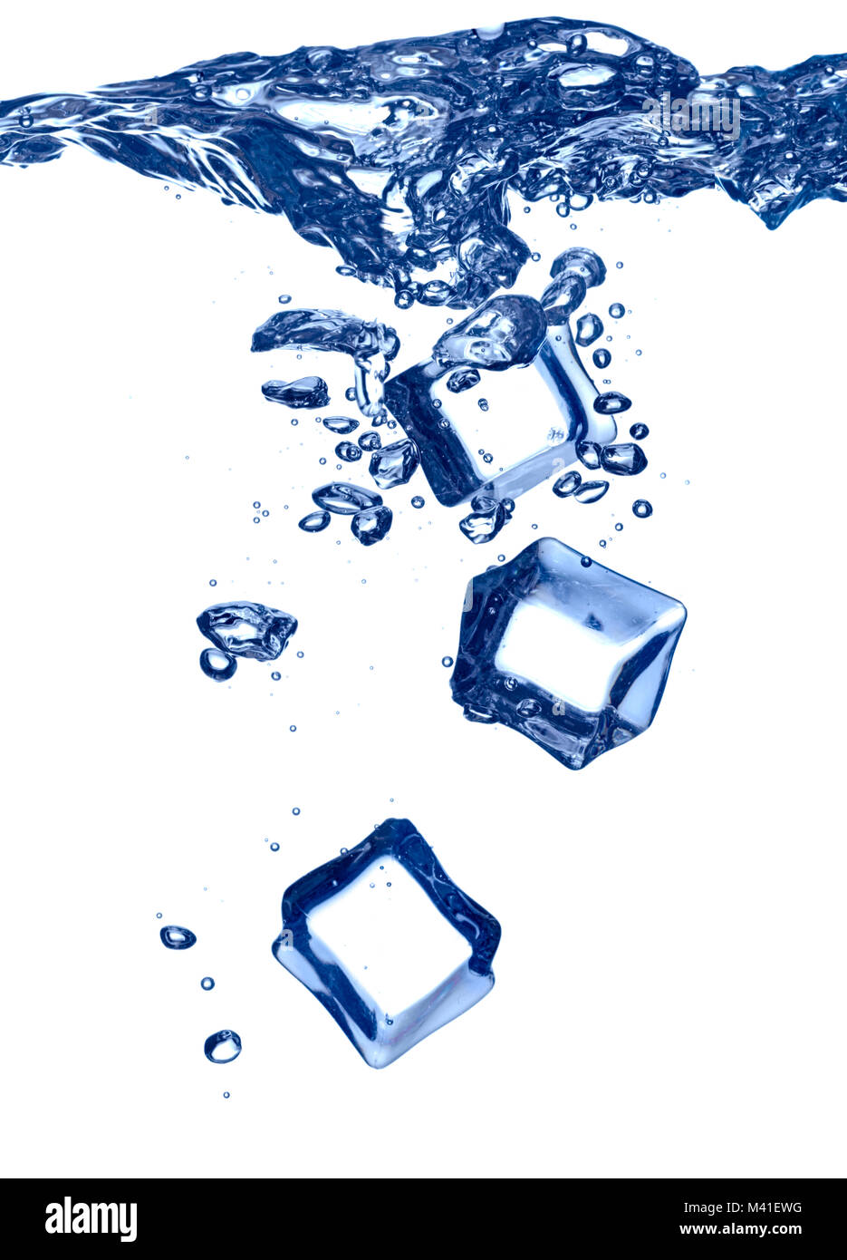 close up of ice cube splash in water on white background Stock Photo ...