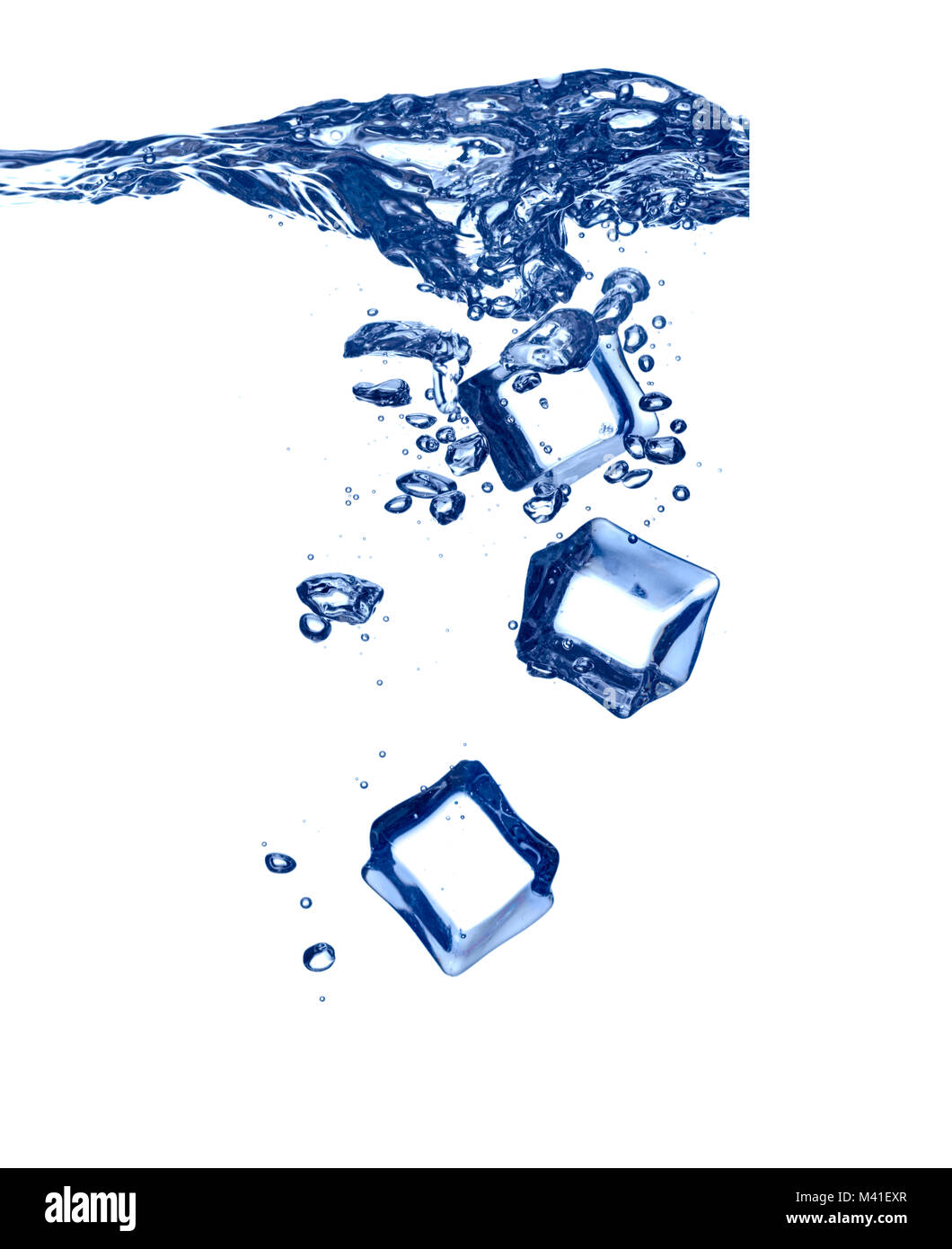 close up of ice cube splash in water on white background Stock Photo ...