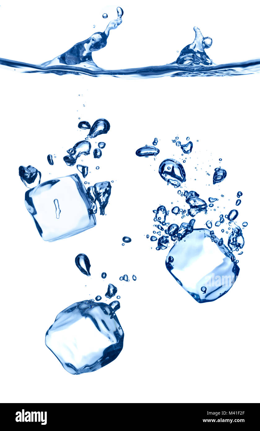 close up of ice cube splash in water on white background Stock Photo ...