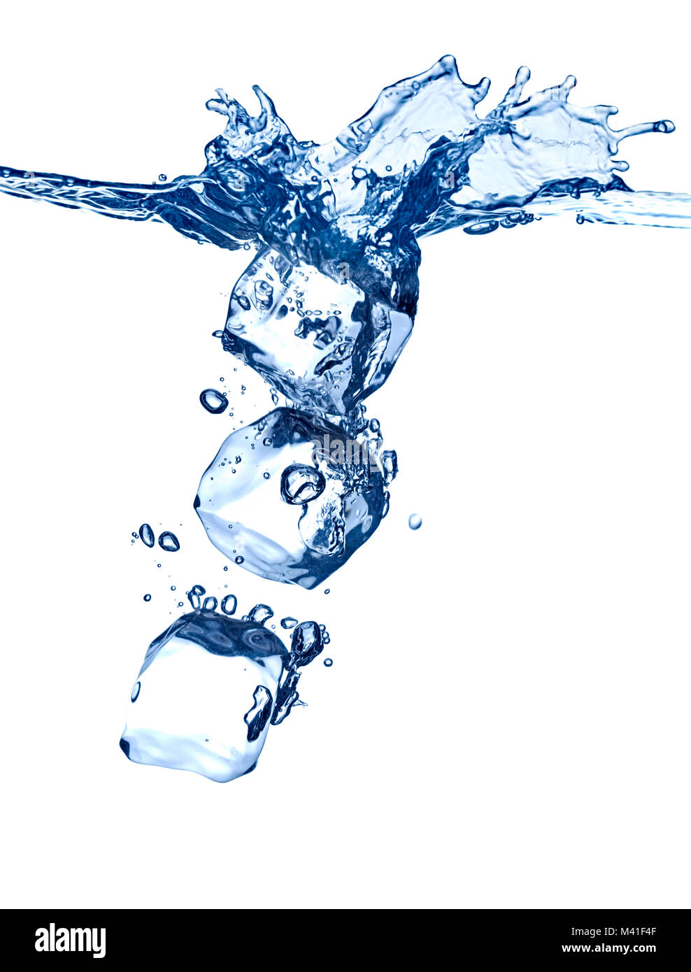 close up of ice cube splash in water on white background Stock Photo ...