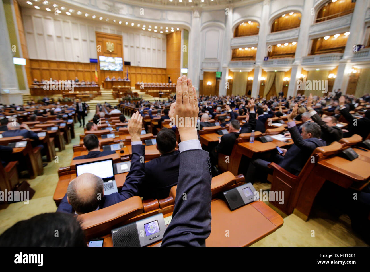 Members of Romanian Parliament vote by raising their hands Stock Photo ...