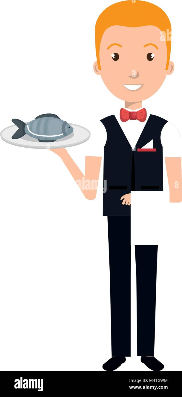 elegant waiter with fish in tray vector illustration design Stock ...