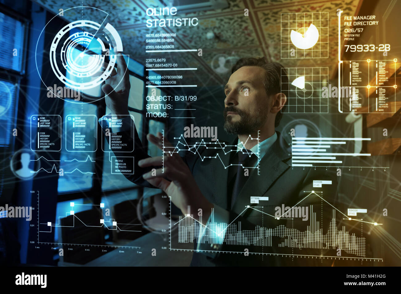 Serious man thinking about the new information while looking at the ...