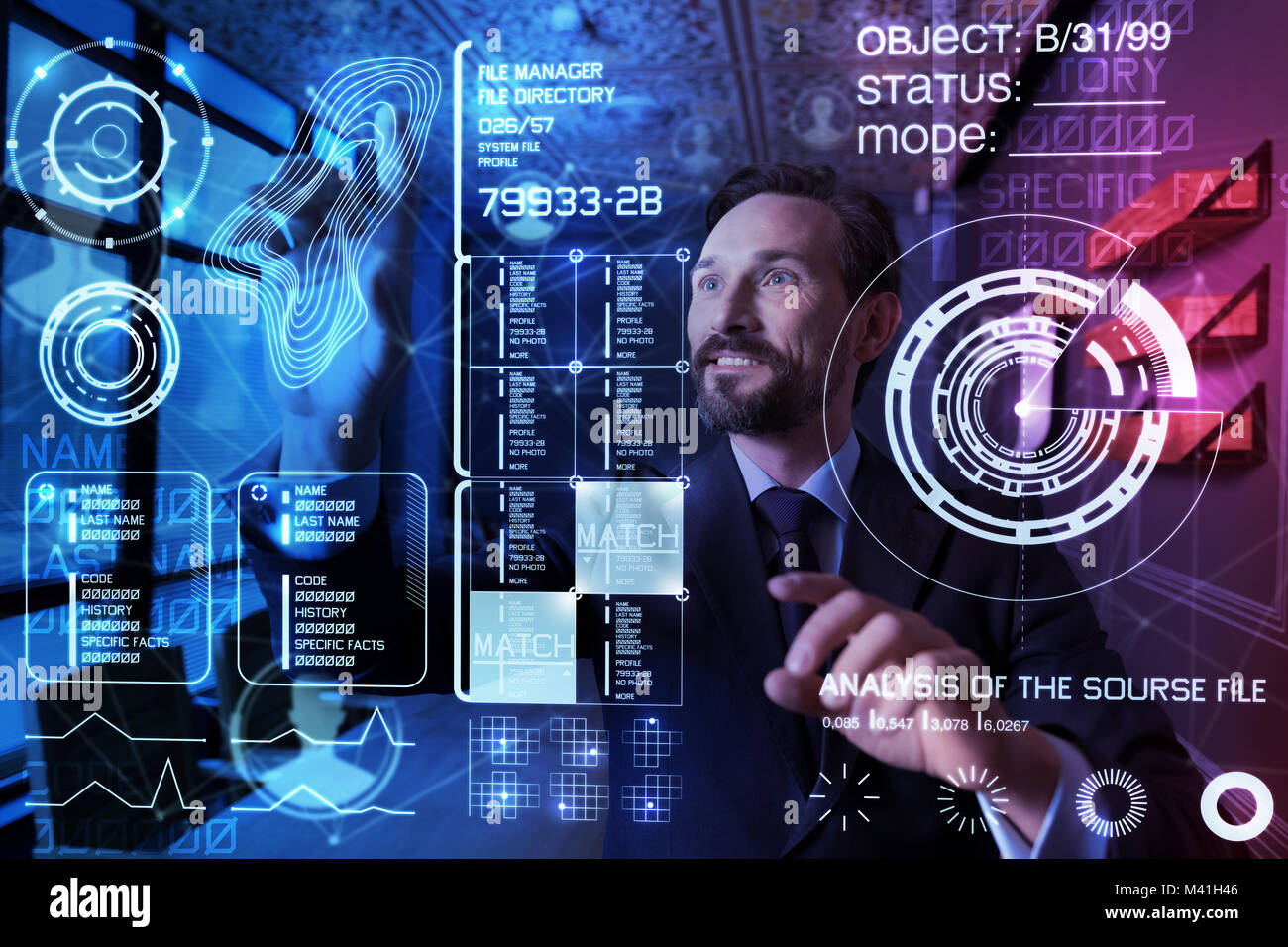 Skilled programmer feeling happy while looking at the transparent ...