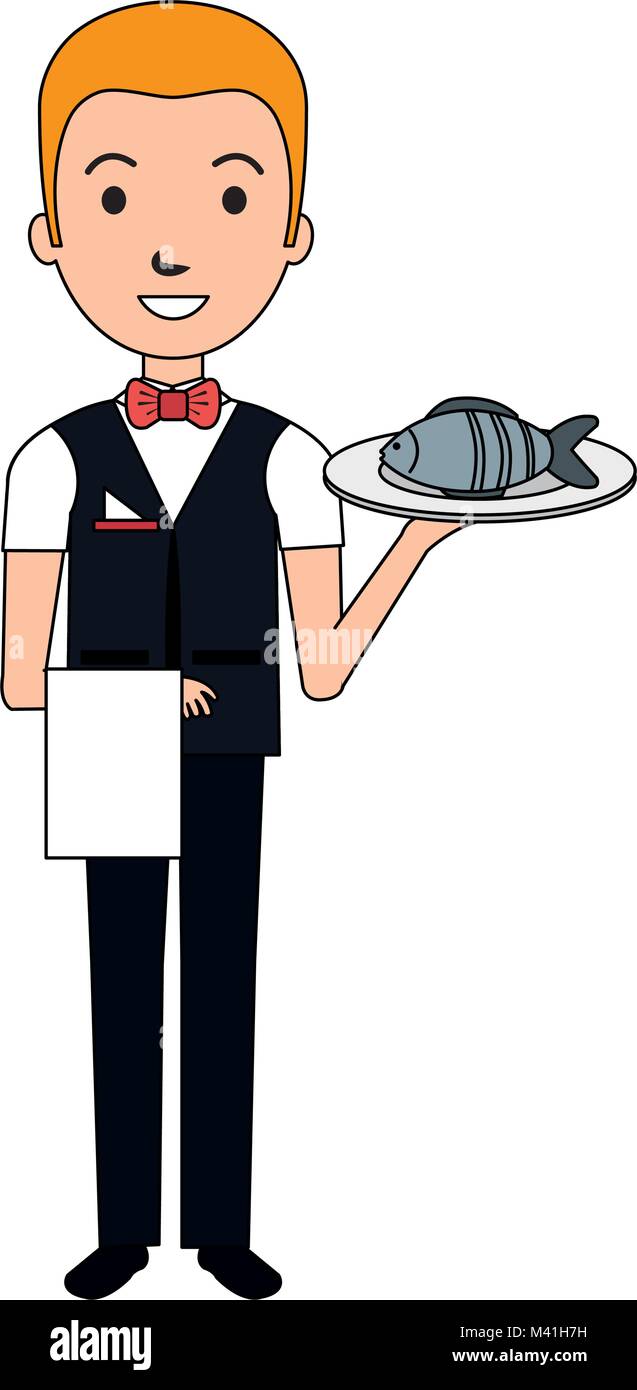 elegant waiter with fish in tray vector illustration design Stock ...