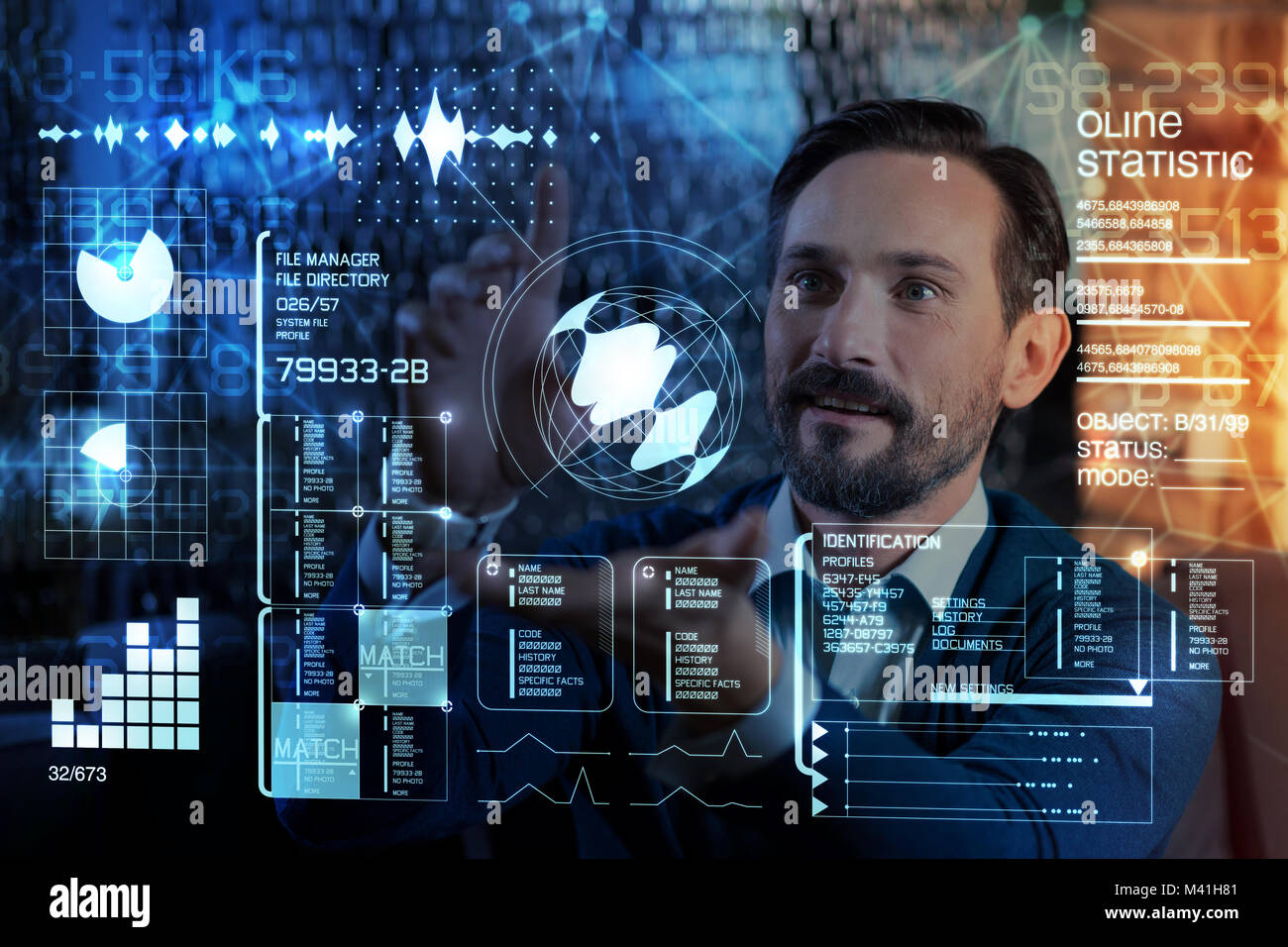 Clever programmer admiring the options of his futuristic screen Stock ... Clever programmer admiring the options of his futuristic screen Stock ...