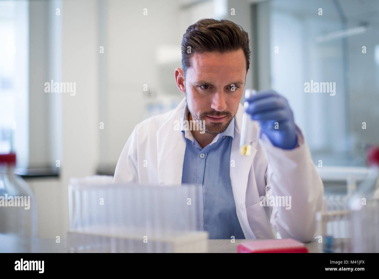 Male scientist looking at test tube in a laboratory Stock Photo - Alamy