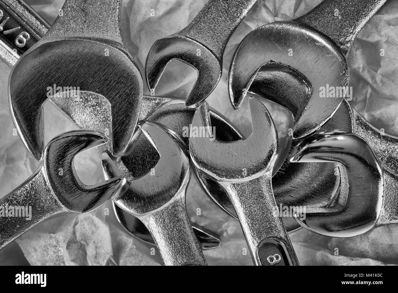 Collection of Spanners/Wrenches as a still life. Black and White Stock ...